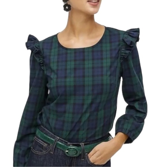 J. Crew Factory | Tops | J Crew Factory Cotton Poplin Plaid Top With Ruffles Shirt Size Small ...